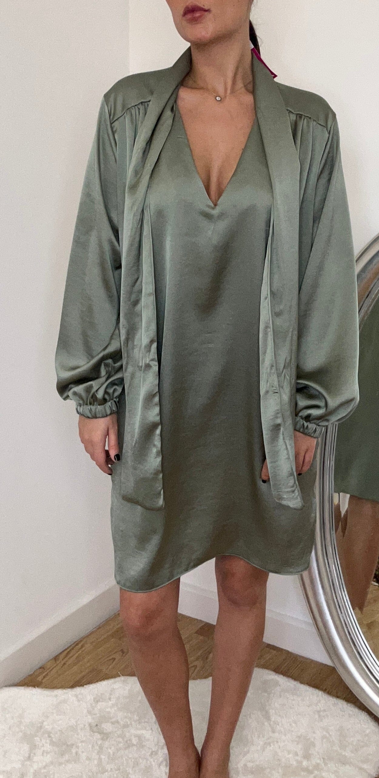 Satin Sage Green Tie Up Loose Dress – John Zack